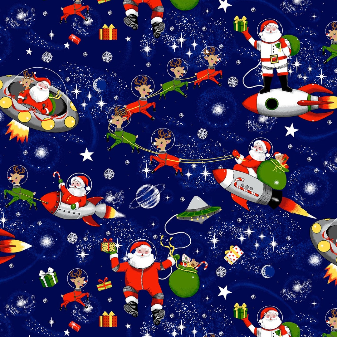 Fabric Freckle & Lollie Yule Cool FLYC-D108-N Santa World on Navy Blue ...
