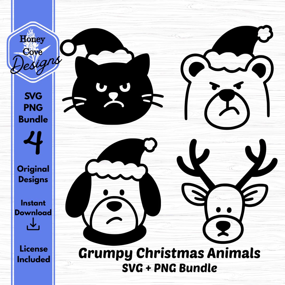 Grumpy Christmas Animals SVG PNG Bundle, Funny Holiday Cat Dog Bear ...