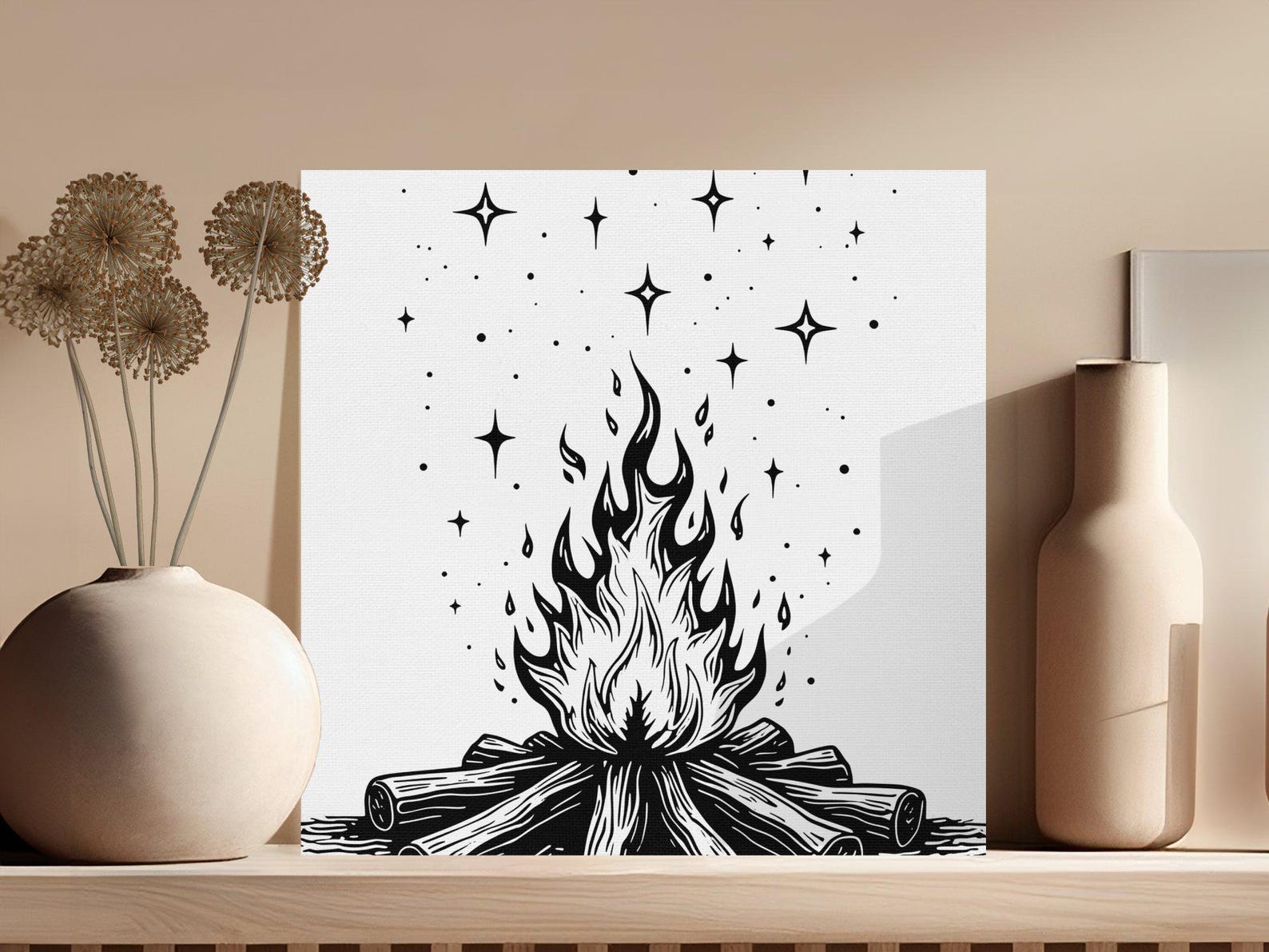 Campfire With Stars Illustration, Bonfire Digital Art, Starry Night ...