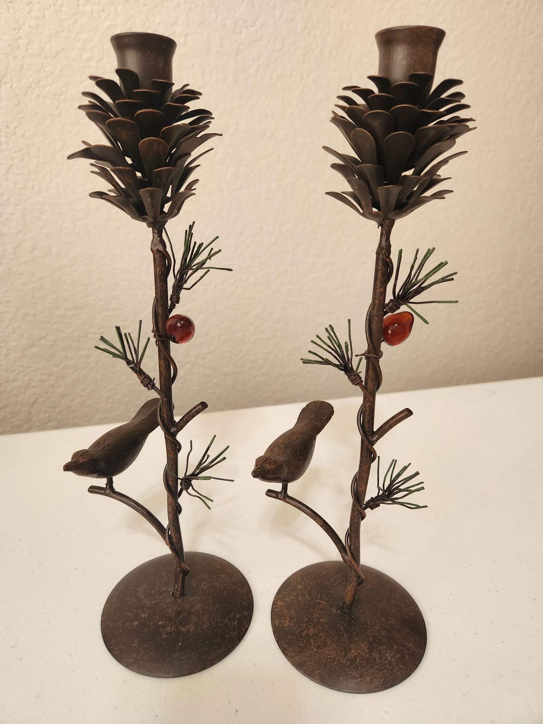 Set of 2 Oil-rubbed Metal Taper Candlesticks With Birds and Pinecones ...