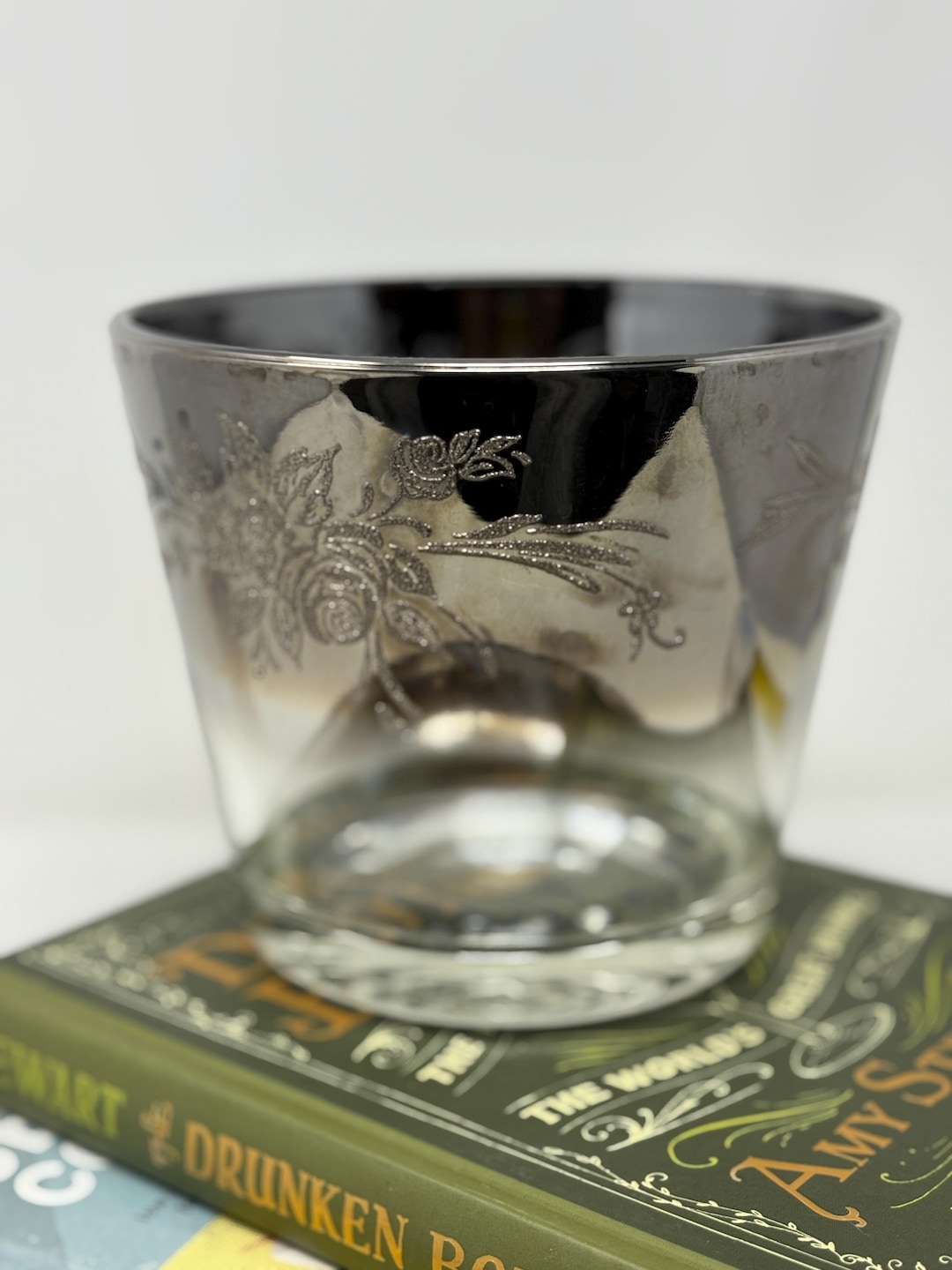 Vintage MCM Clear Ice Bucket With Smokey Ombre Rim and Botanical Design ...