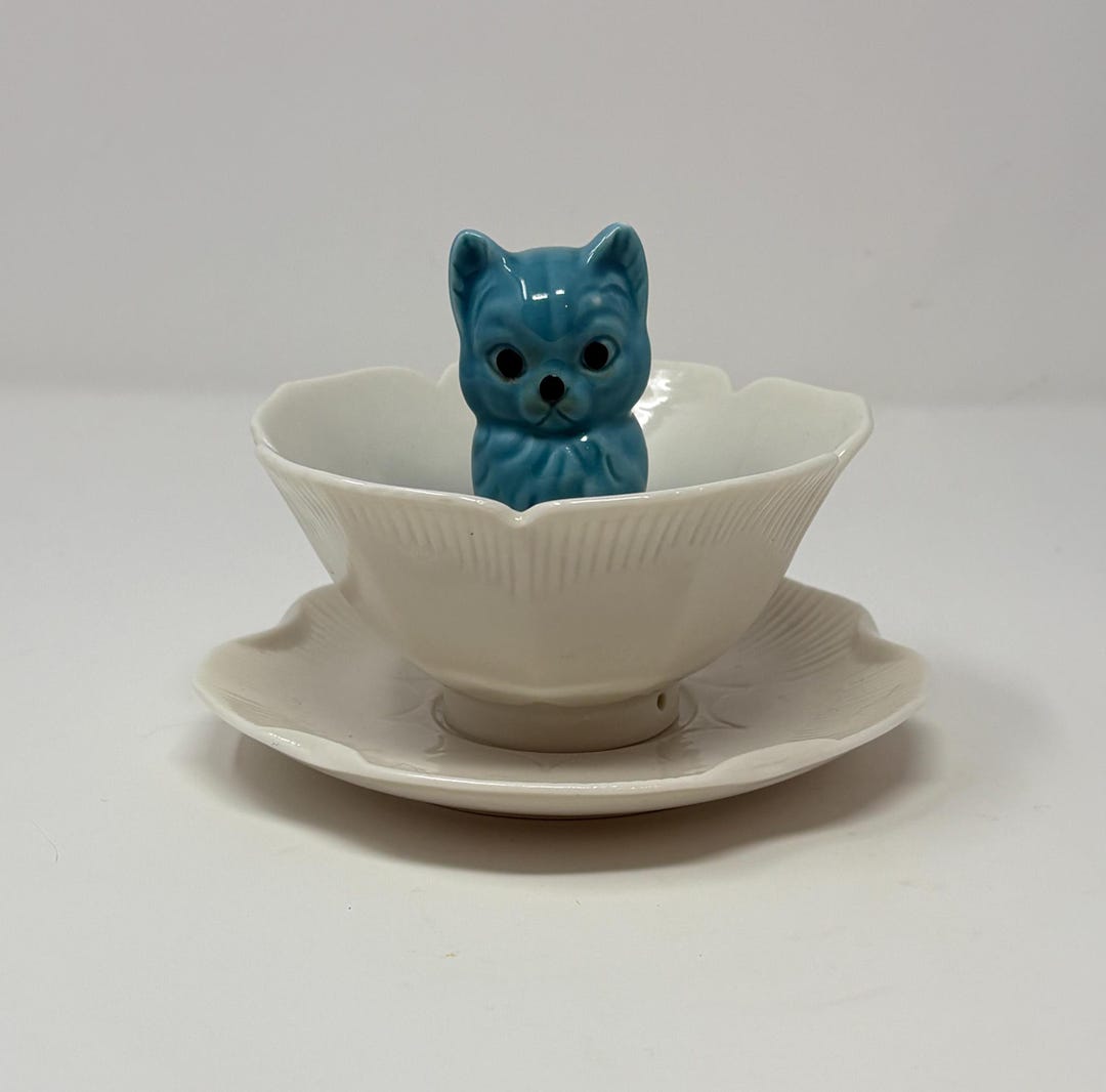 Vintage White Lotus Tea Cup With Attached Saucer and Blue Kitty, Cat ...