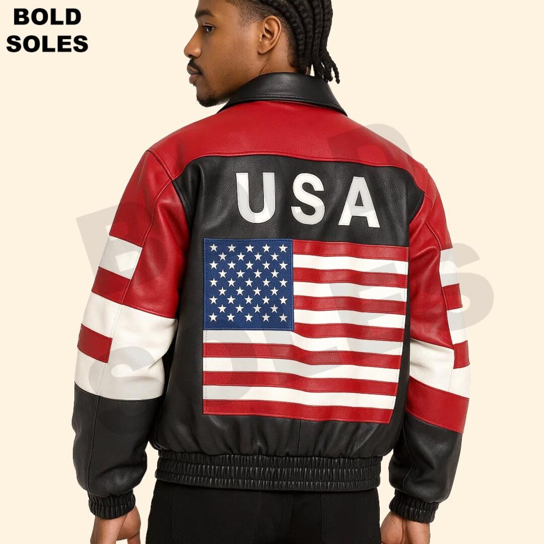USA Leather Bomber Jacket, American Flag Biker Jacket for Daily Wear ...