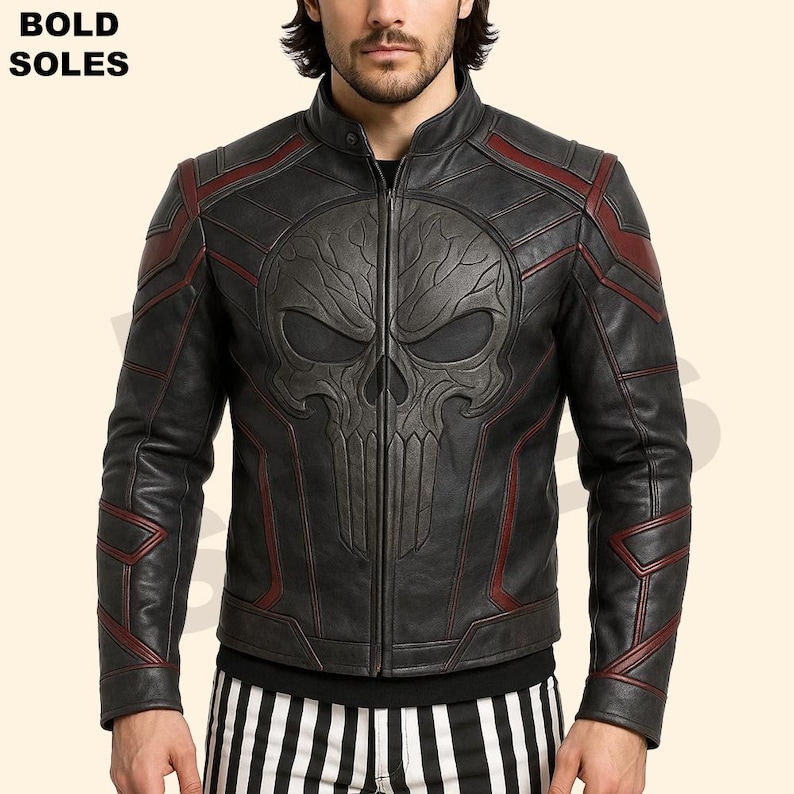 Handcrafted Black Leather Skull Jacket: Embossed Biker Fashion - Etsy