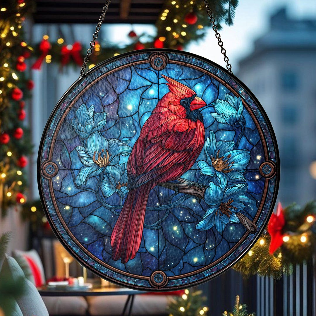 Red Cardinal Suncatcher, Faux Stained Glass Window Hanging, Memorial ...