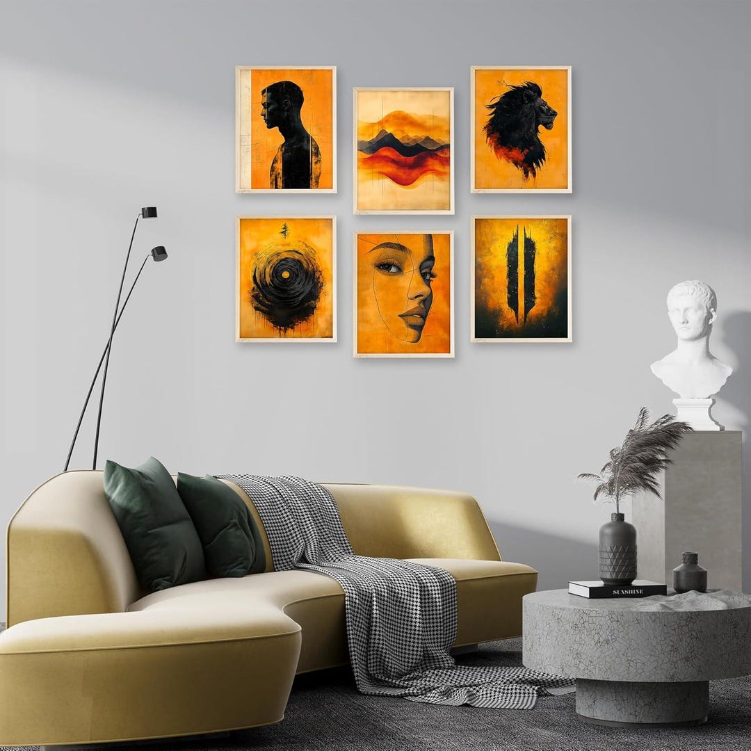 Masculine Posters Wall Art Set of 6, Orange Black Abstract Prints for ...