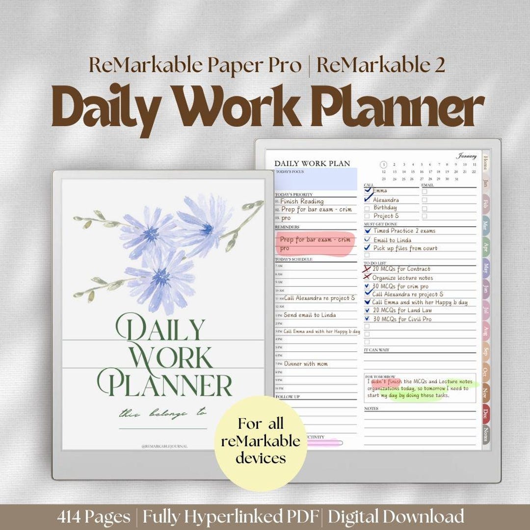 Daily Work Planner Remarkable Paper Pro Remarkable 2 | Remarkable Pro ...