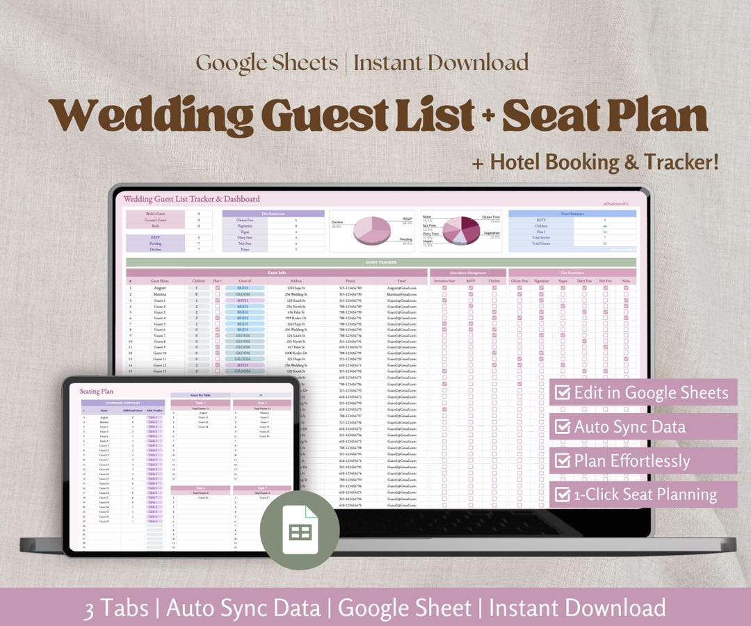 Wedding Guest List Tracker Google Sheets: RSVP Tracker, Seating Plan ...
