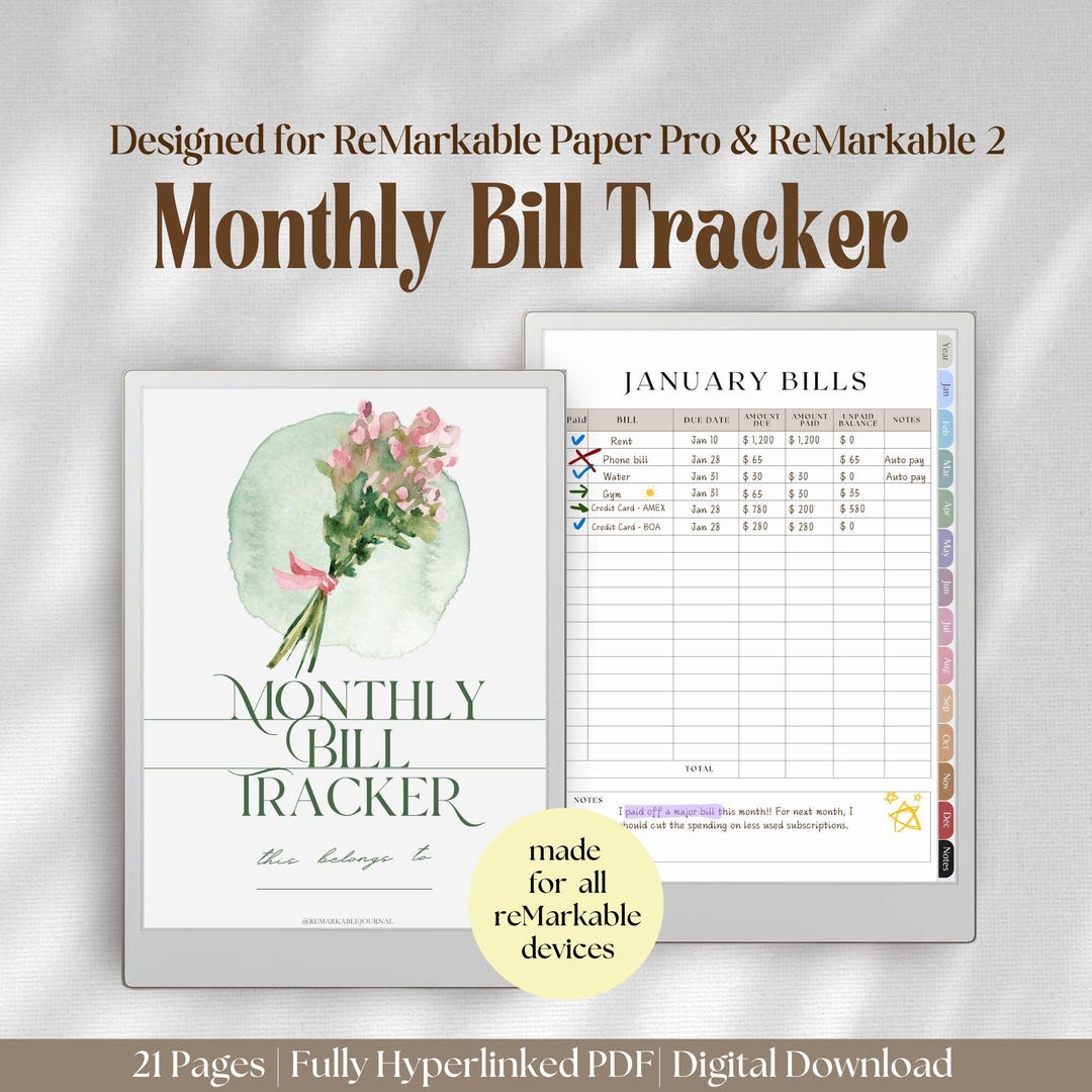 Monthly Bill Tracker for Remarkable Paper Pro & Remarkable 2: Budget ...