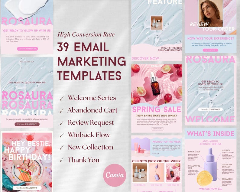 Klaviyo Email Templates: Skincare Marketing, Welcome Sequence Pink - Etsy