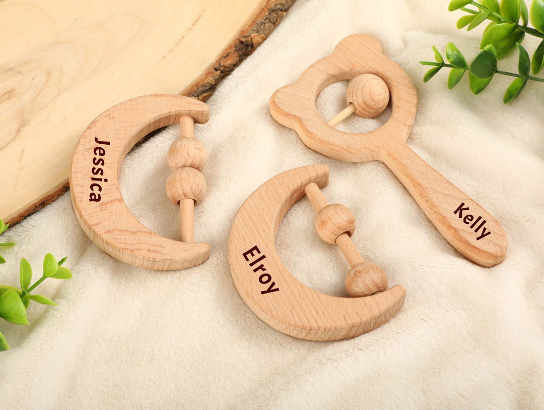 Personalized Wooden Sensory Toy,custom Engraved Baby Rattle With Bells ...