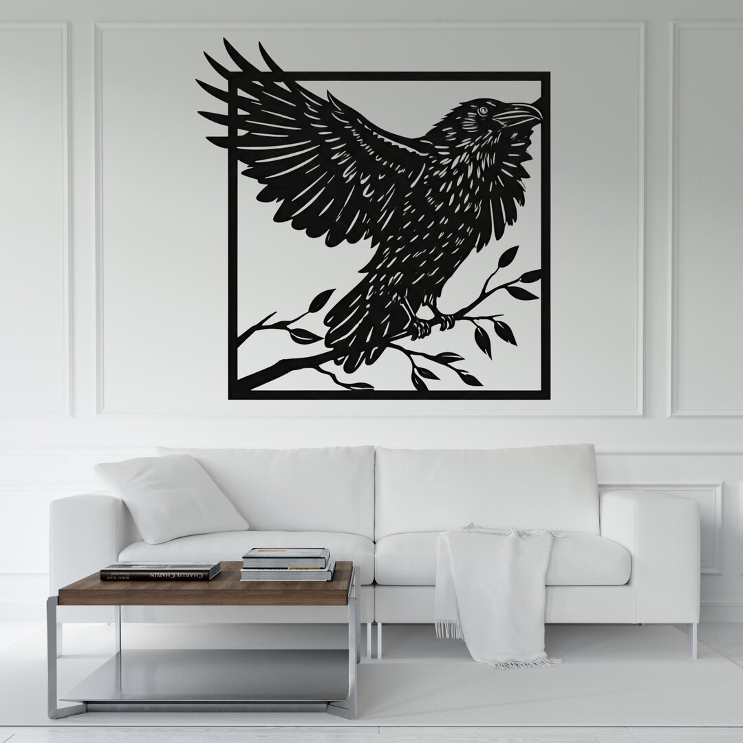 DIY Raven on Branch Wall Art Laser Cut – Majestic Bird in Frame (dxf ...
