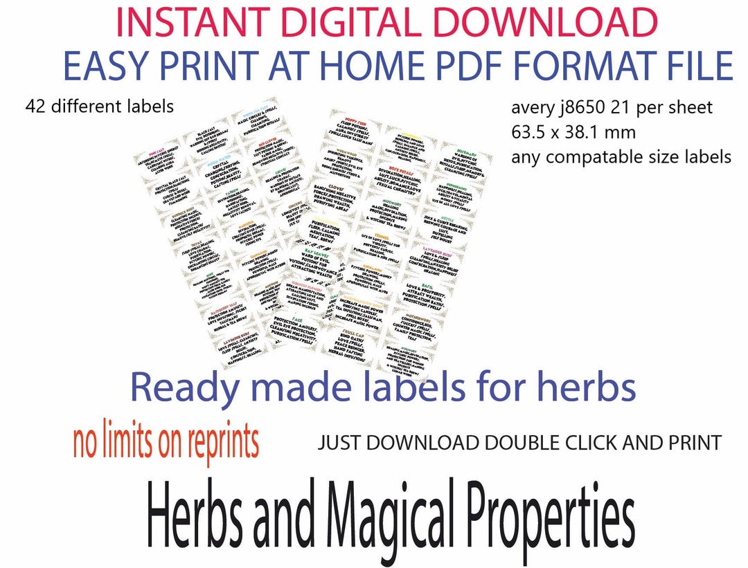 Herb Jar Labels X42 Digital Pdf Witchcraft Herb Labels to Print Magical ...