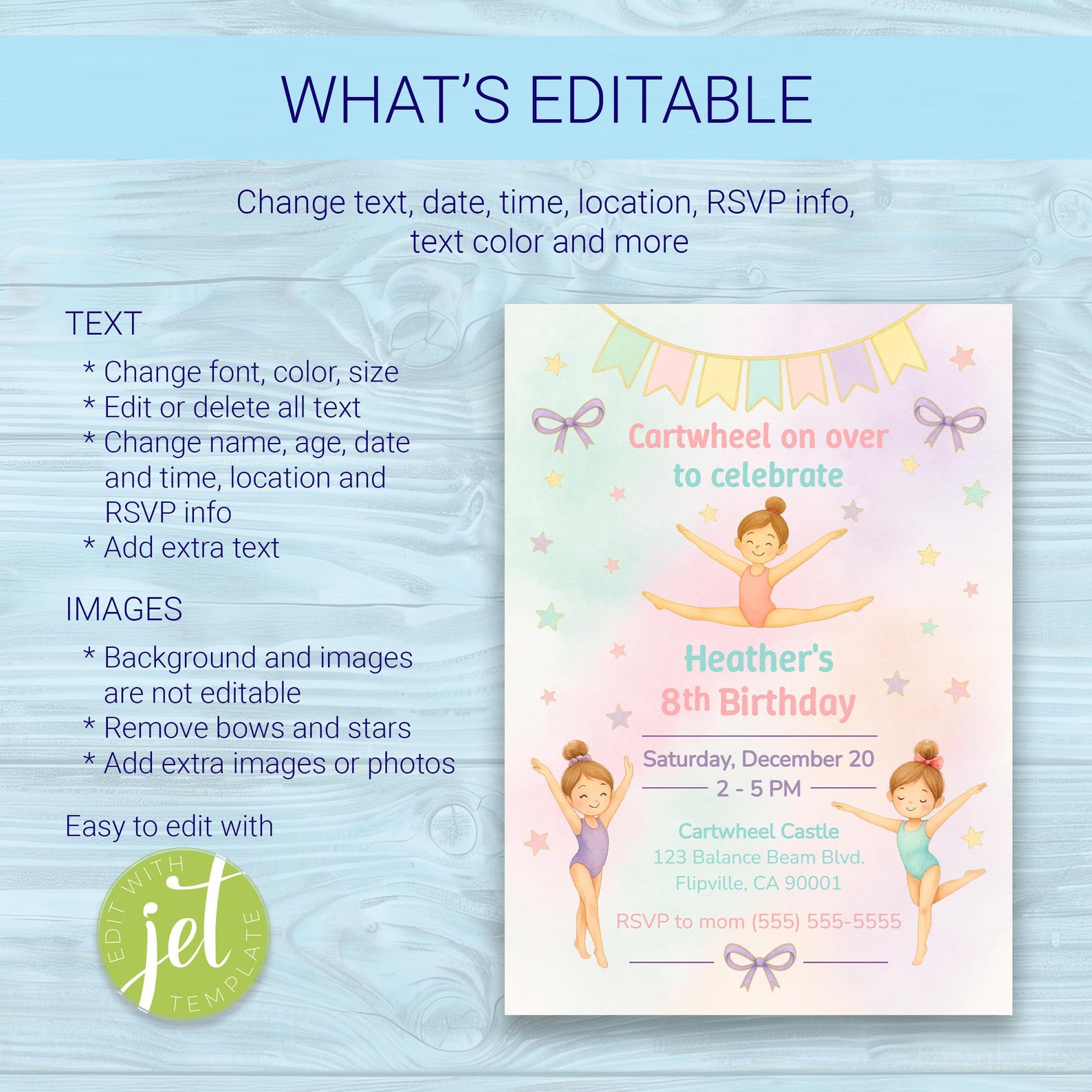 Editable Gymnastics Birthday Invitation - Flip • Tumble • Jump ...