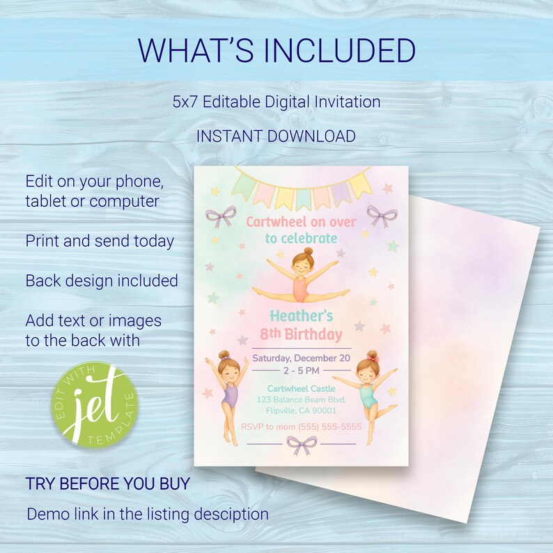 Editable Gymnastics Birthday Invitation - Flip • Tumble • Jump ...