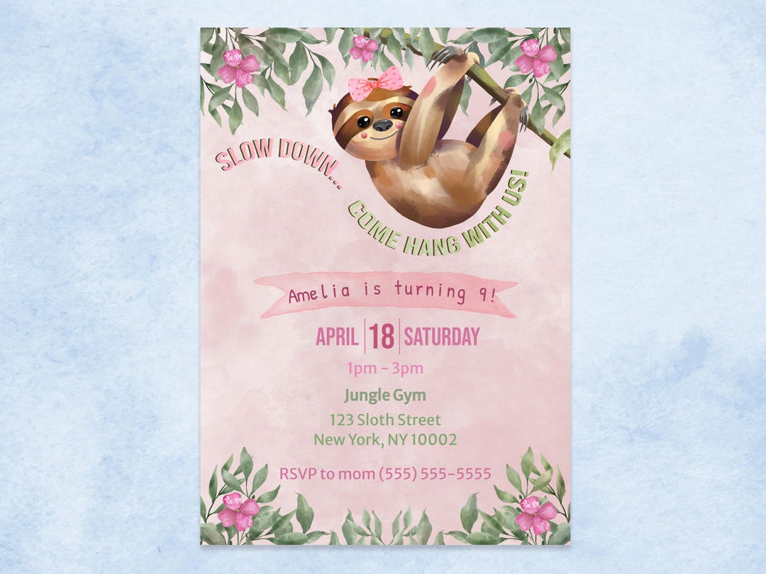 Sloth Party Invitation - Editable Digital Download - Cute Sloth Invite ...