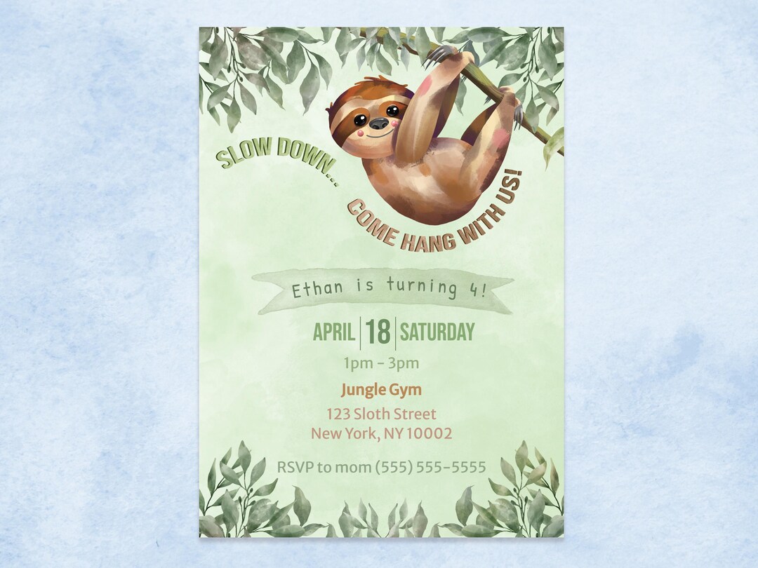 Sloth Birthday Invitation - Custom Invitation - Editable Invite - Etsy