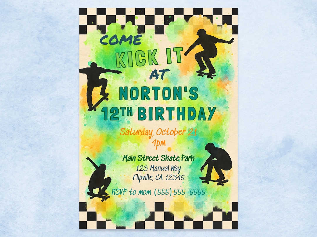 Skateboard Birthday Invitation: Skater Party, Skate Park Sk8er Theme ...