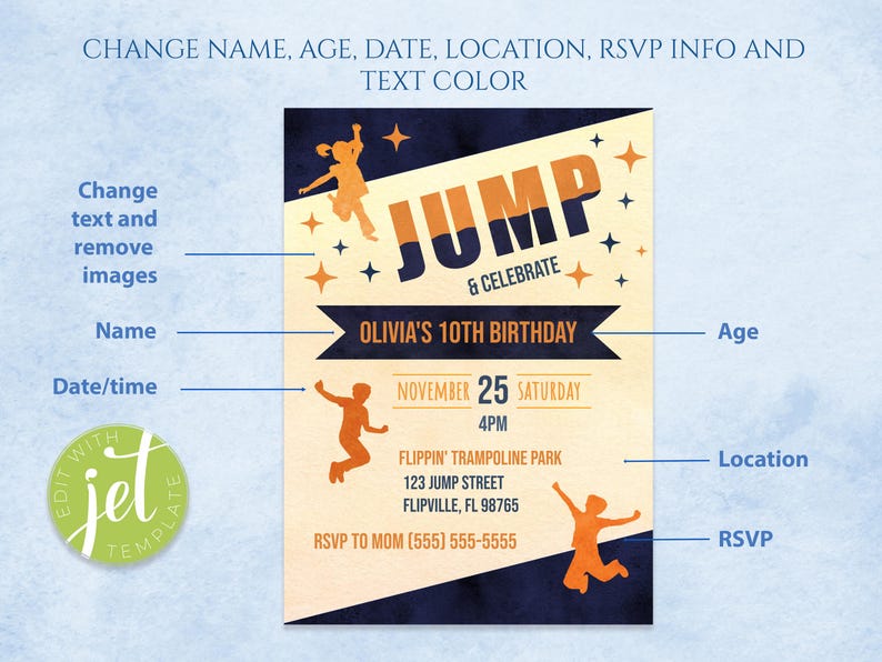 Jump Trampoline Park Birthday Invitation: Sky Zone Party, Editable ...