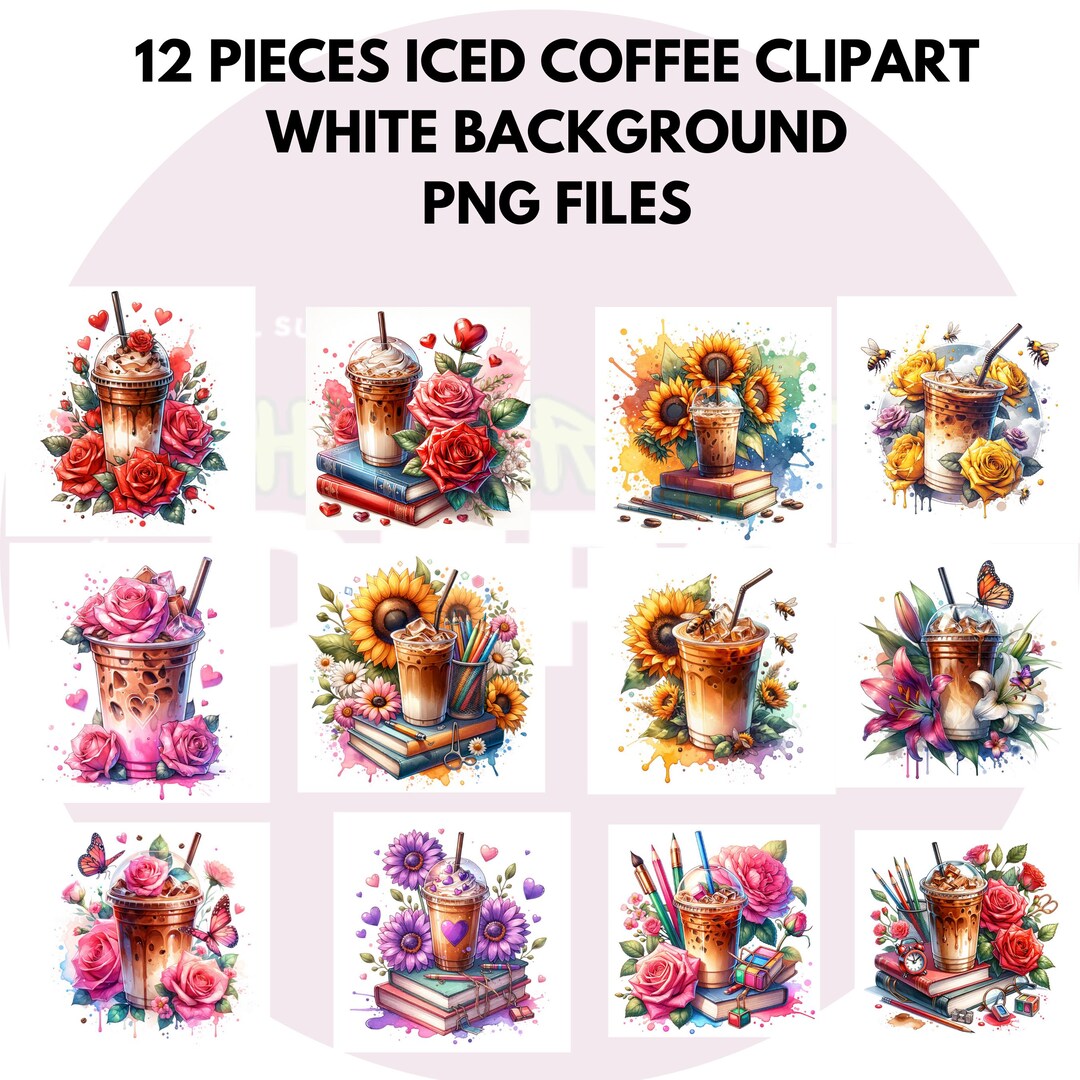 Iced Coffee Watercolor Clipart Bundle | Floral Coffee PNG File ...