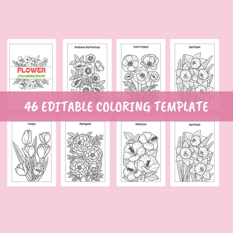 46 Page Editable Flower Coloring Templates| Book Templates| Canva Edit ...