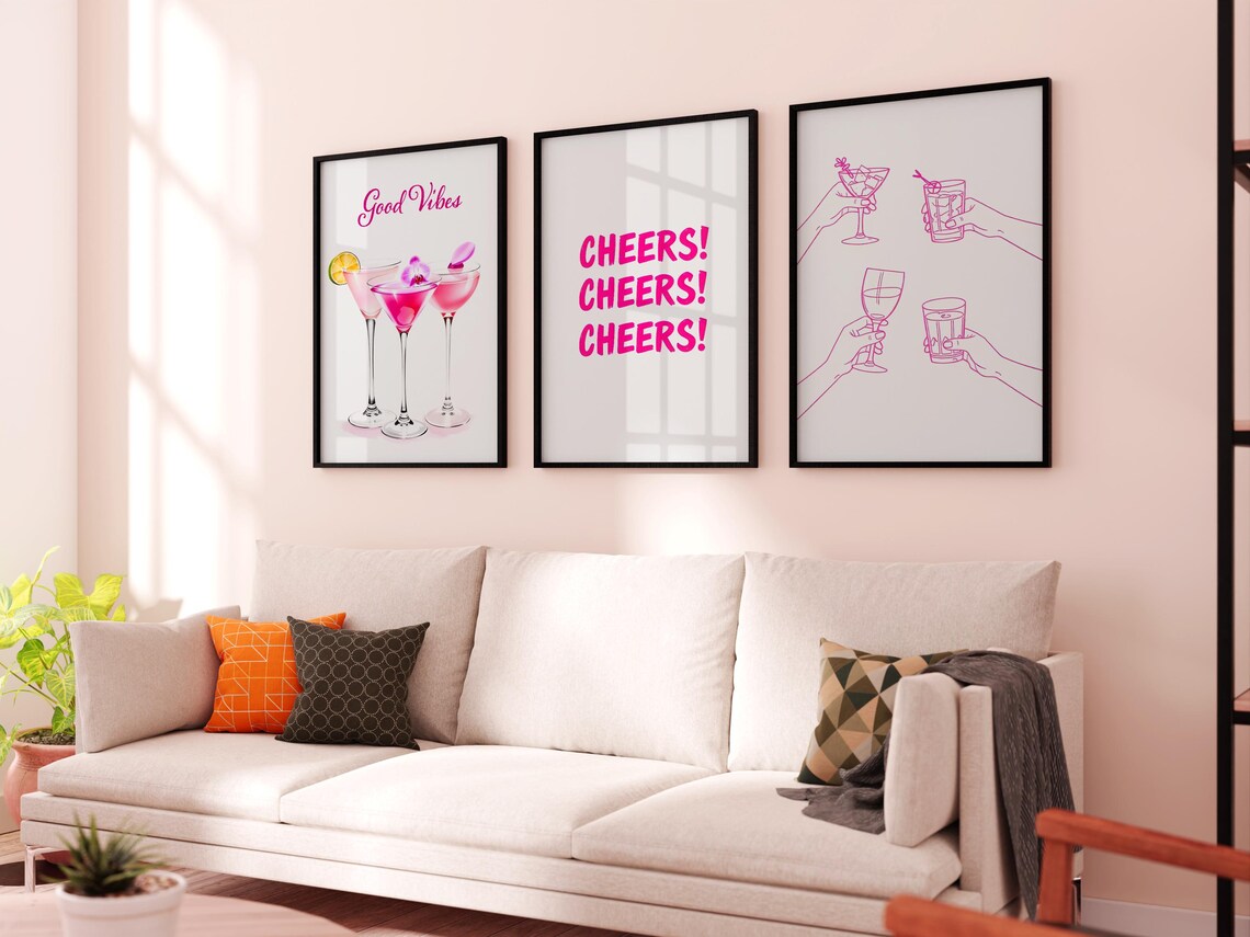 Trendy Coquette Bar Cart Set of 3, Preppy Poster, Apartment Pink Decor ...