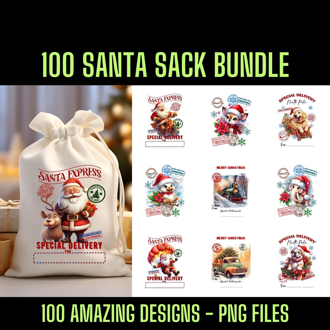 Christmas Santa Sack PNG Bundle: 100 Sublimation Designs (digital ...