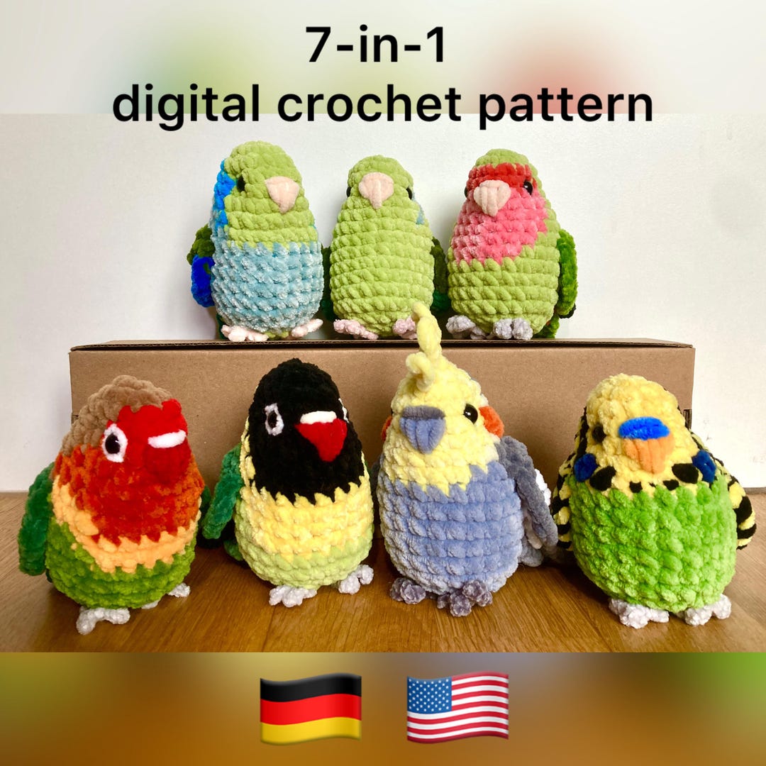 7-in-1 PDF Crochet Pattern DE/EN, Budgie, Rose-ringed Parrot, Peach ...