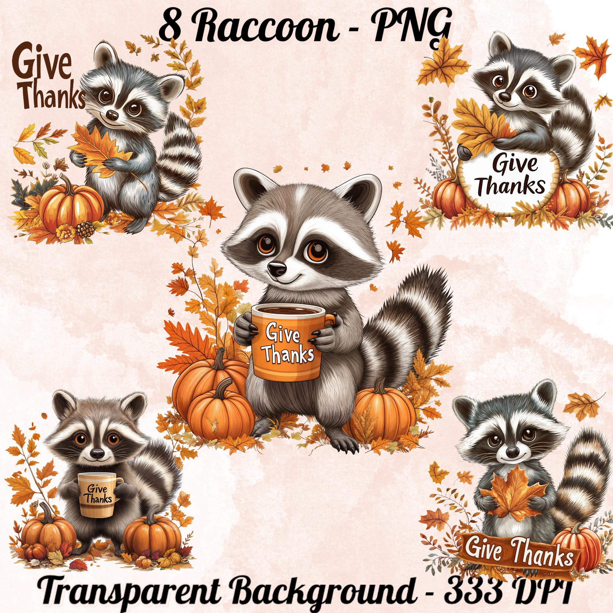 Fall Theme Raccoon Clipart -cute Raccoon Bundle, 8 High-quality Pngs ...
