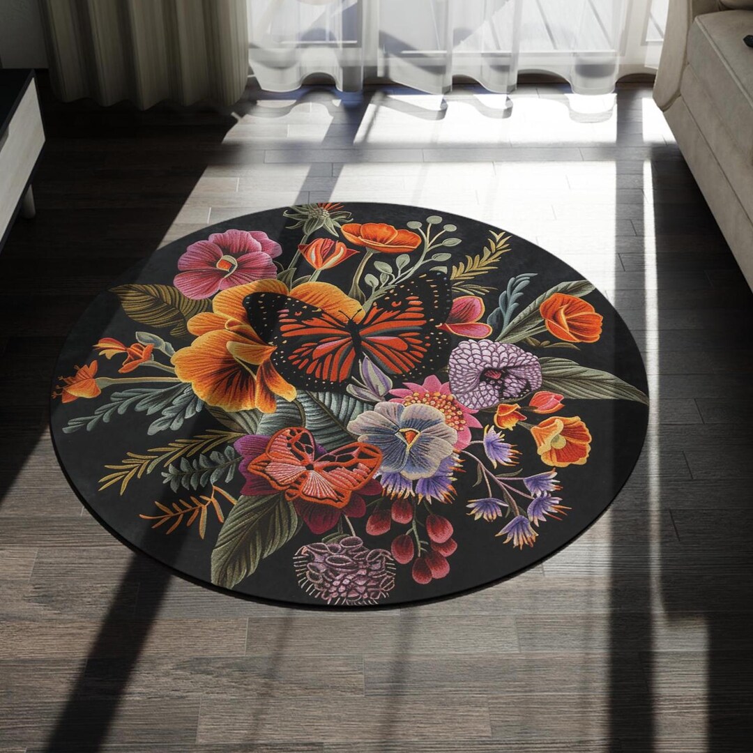 Butterfly Bohemian Floral Round Rug, Charming Kids Room Round Rug, Boho ...