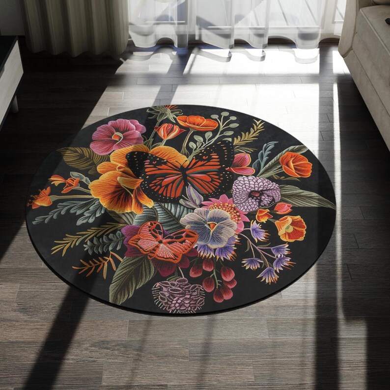 Butterfly Bohemian Floral Round Rug, Charming Kids Room Round Rug, Boho ...