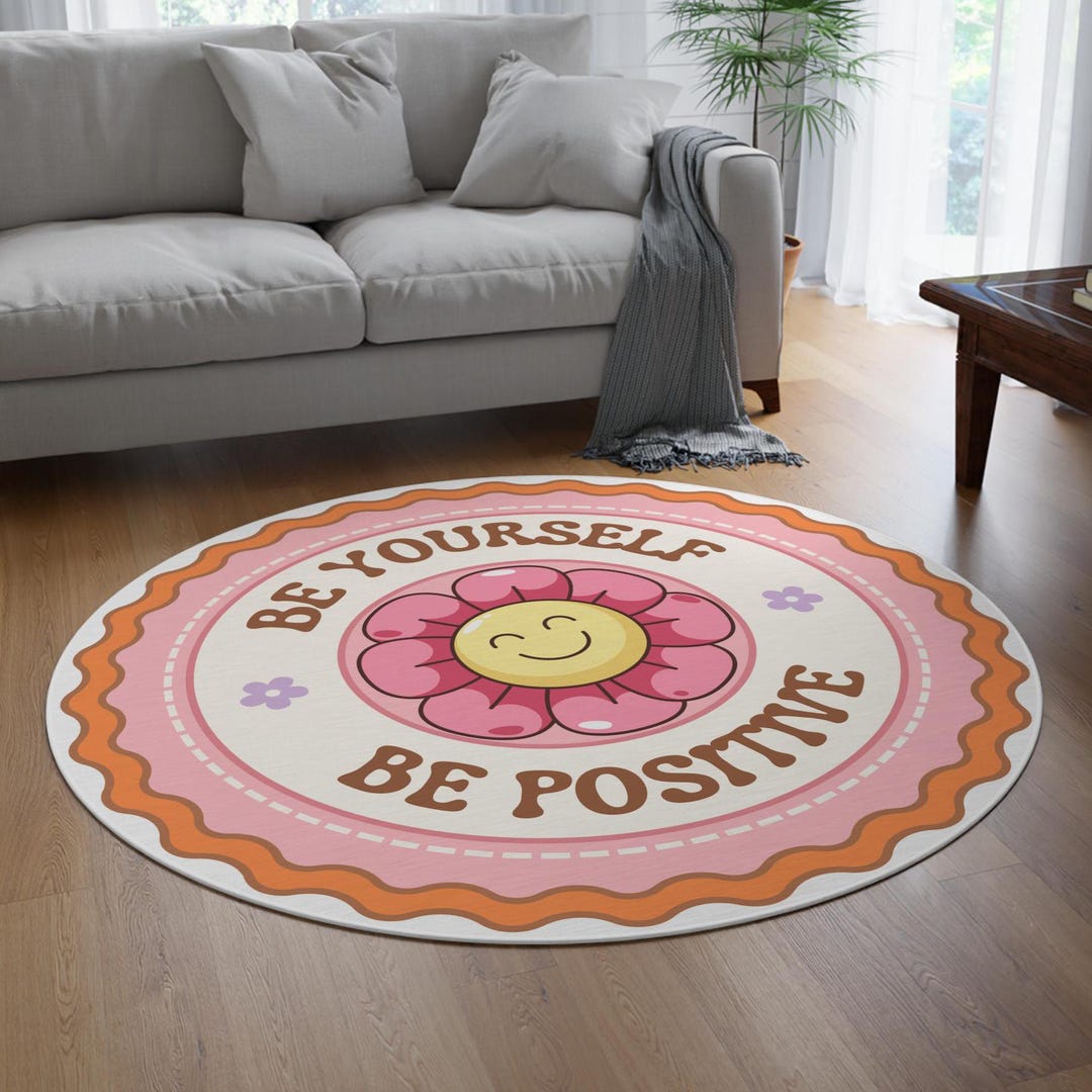 Pink Smiley Face Be Yourself Be Positive Round Rug, Colorful Round Rug ...