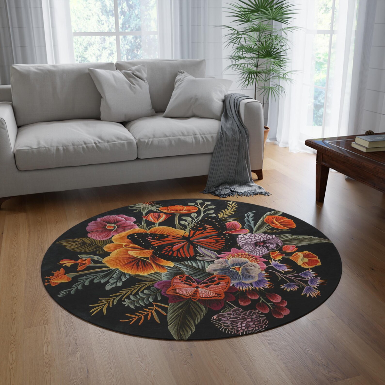 Butterfly Bohemian Floral Round Rug, Charming Kids Room Round Rug, Boho ...