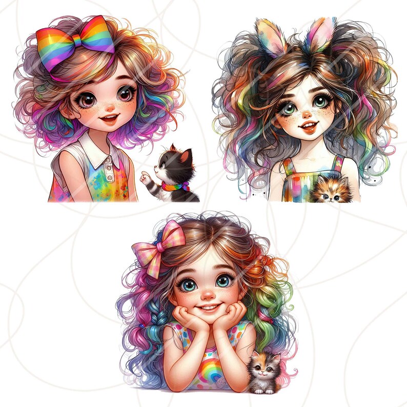 10 Watercolor Quirky Girl Collection Clipart, PNG Girl With Cat Puppy ...