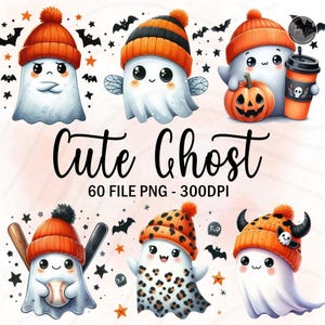 60 Watercolor Cute Ghost Clipart Bundle, Halloween Ghost Png, Cute ...