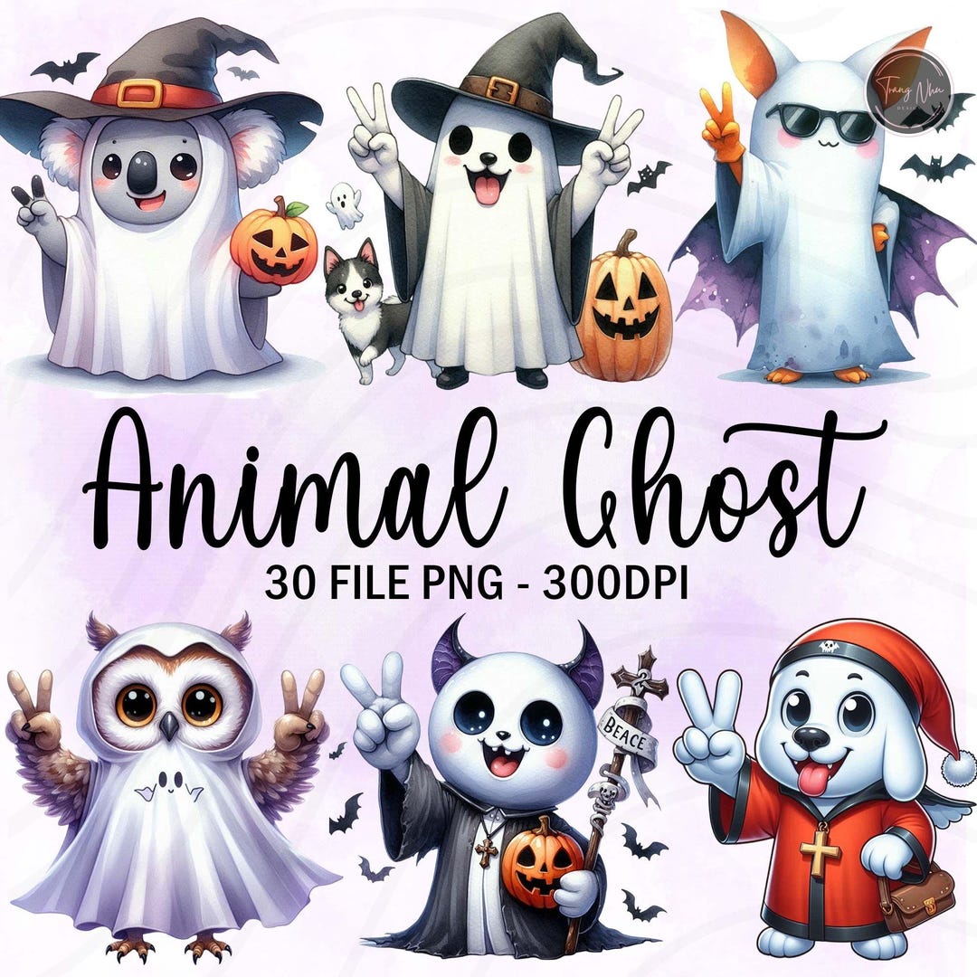 30 Ghost Animal Cliparts, Halloween PNG, Fall Design PNG, Watercolor ...