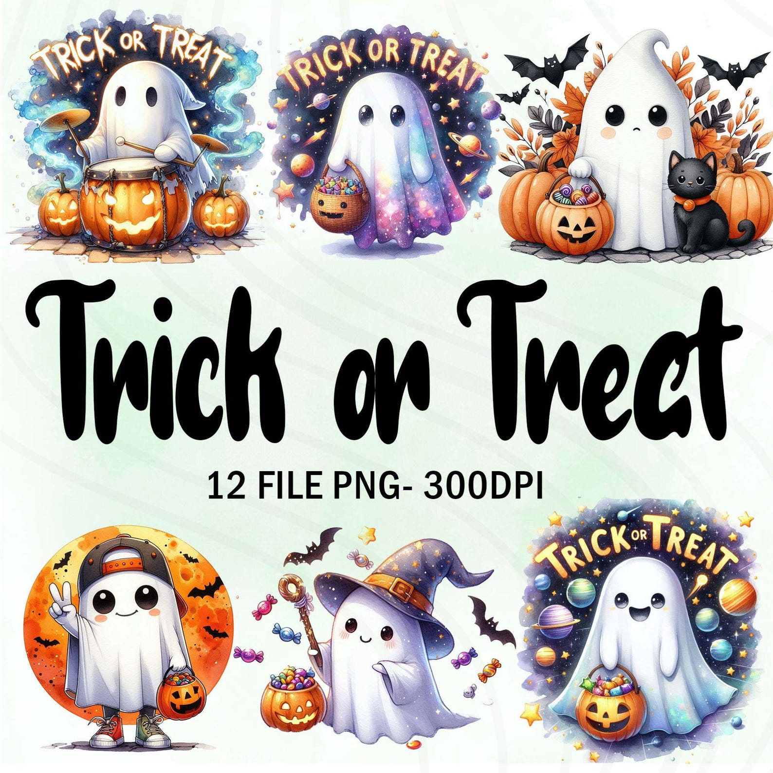 10 Trick or Treat Clipart Bundle, Watercolor Halloween Ghost PNG, Cute ...