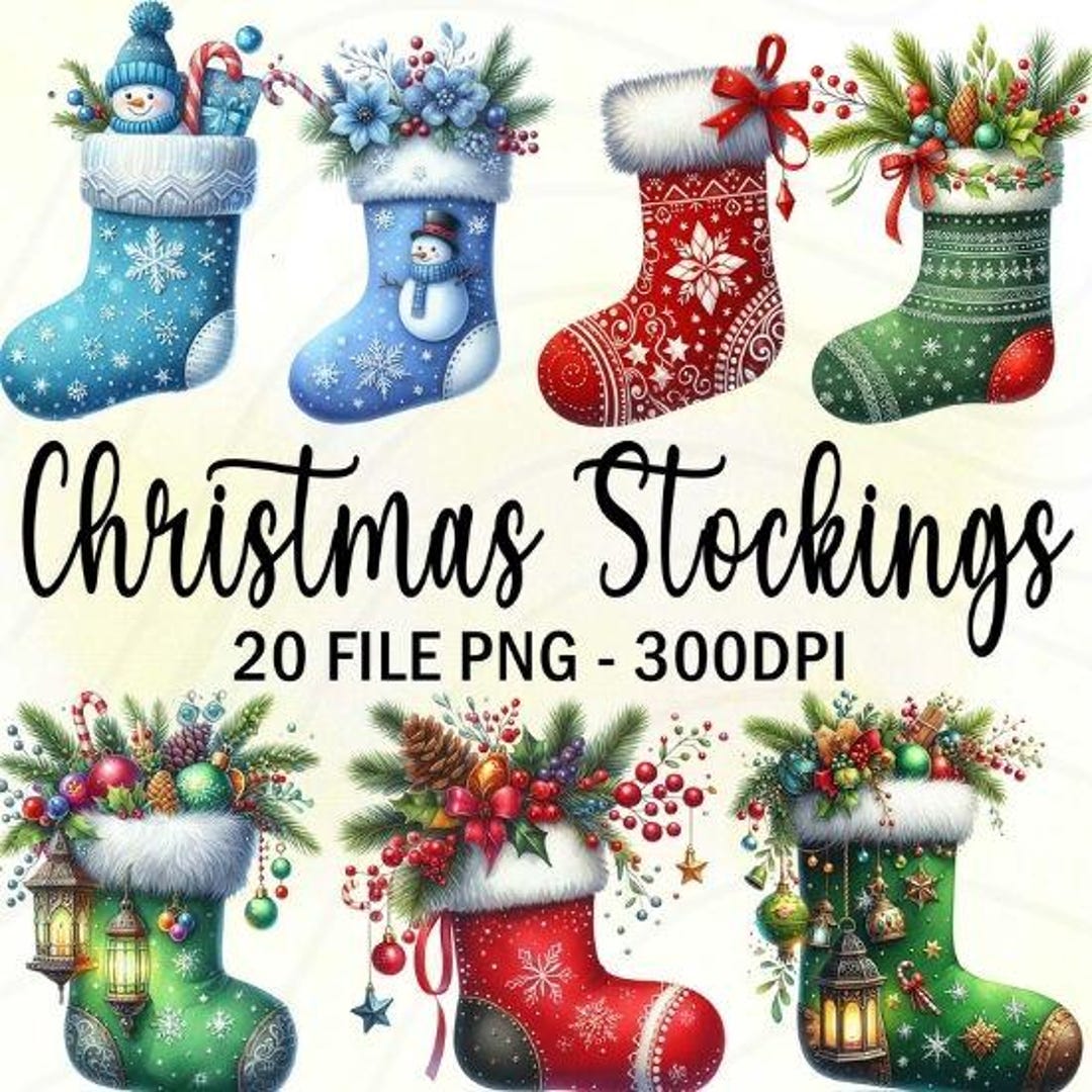 20 Watercolor Christmas Stocking Clipart Bundle, Festive Stockings Png ...