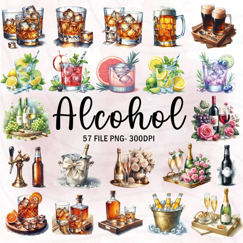 50 Watercolor Alcohol Clipart Bundle, Bar Menu, Champagne Clipart ...