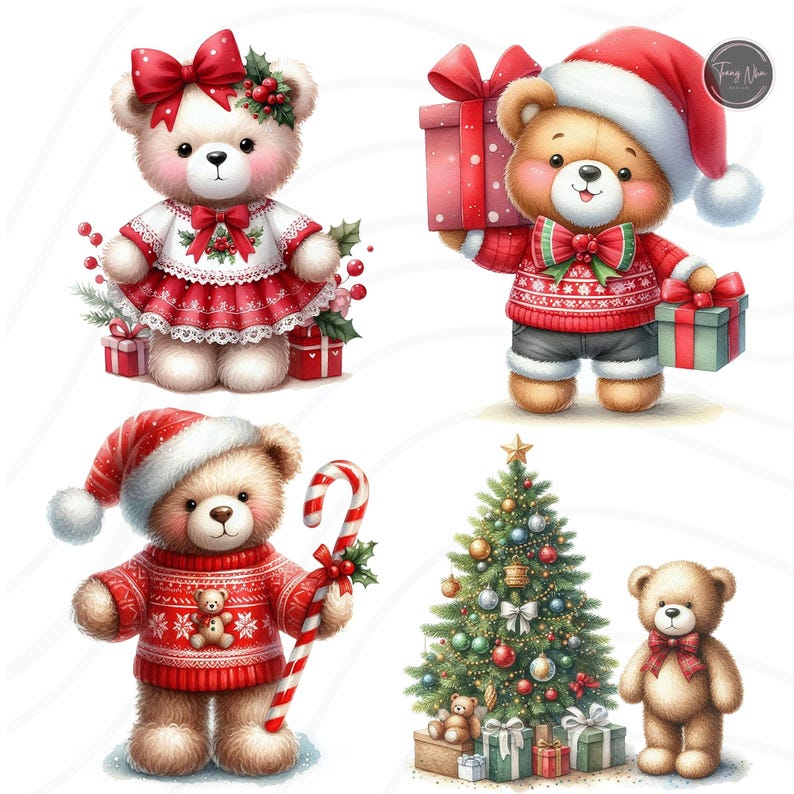 20 Watercolor Christmas Teddy Bear Clipart Bundle, Holiday Teddy Bear ...