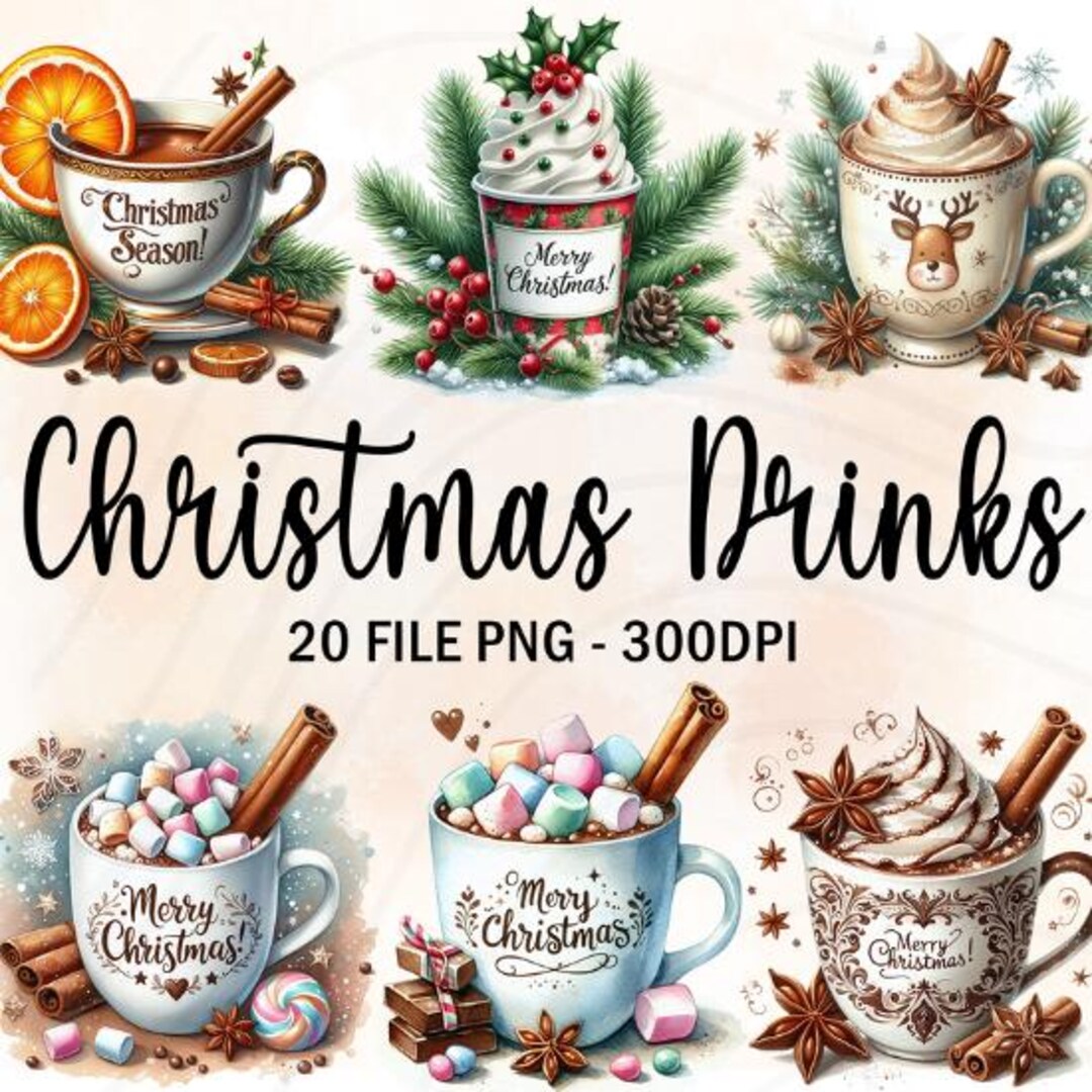 20 Watercolor Christmas Drinks Clipart Bundle, Christmas Coffee Png ...