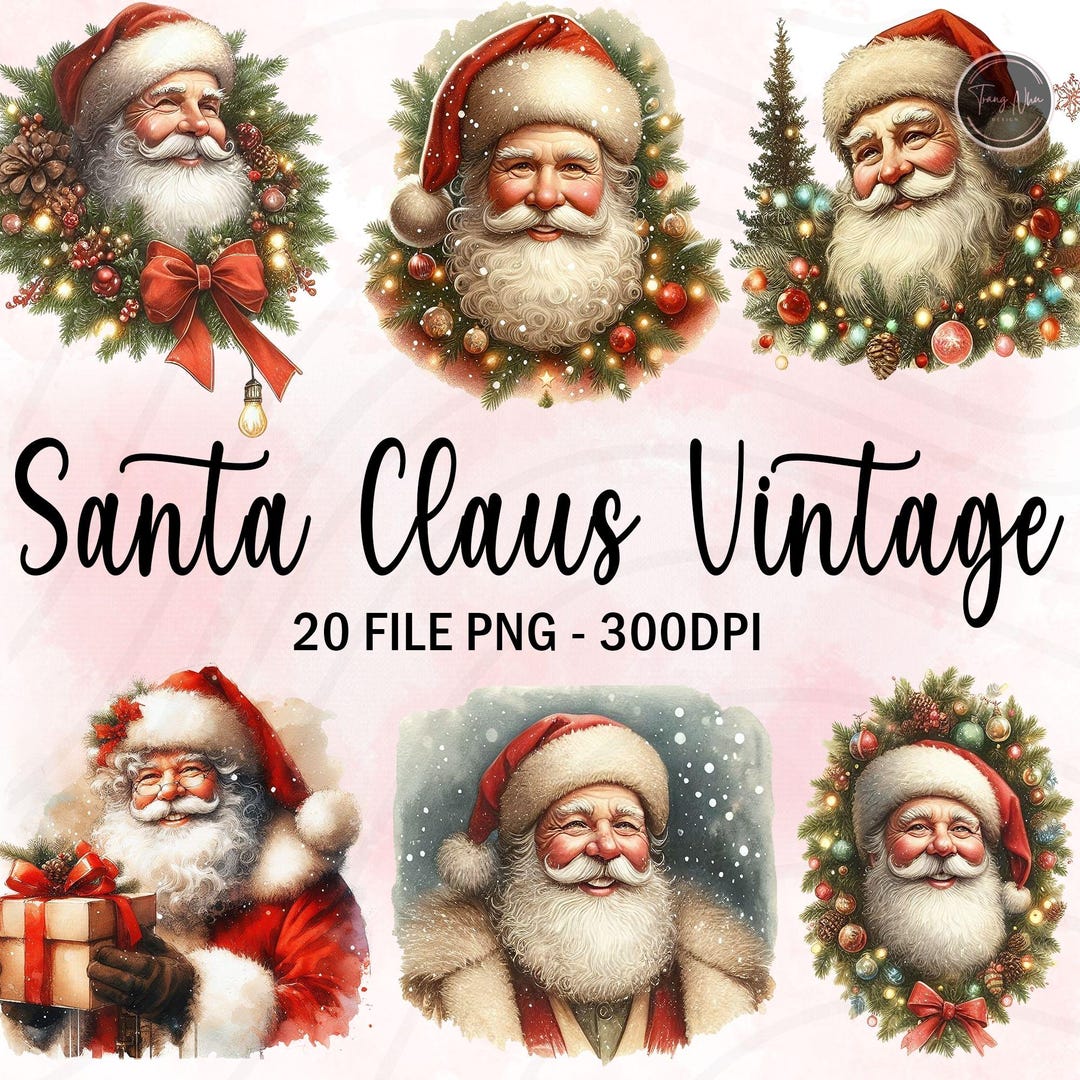 20 Watercolor Santa Claus Vintage Clipart, Christmas Santa Png Bundle ...