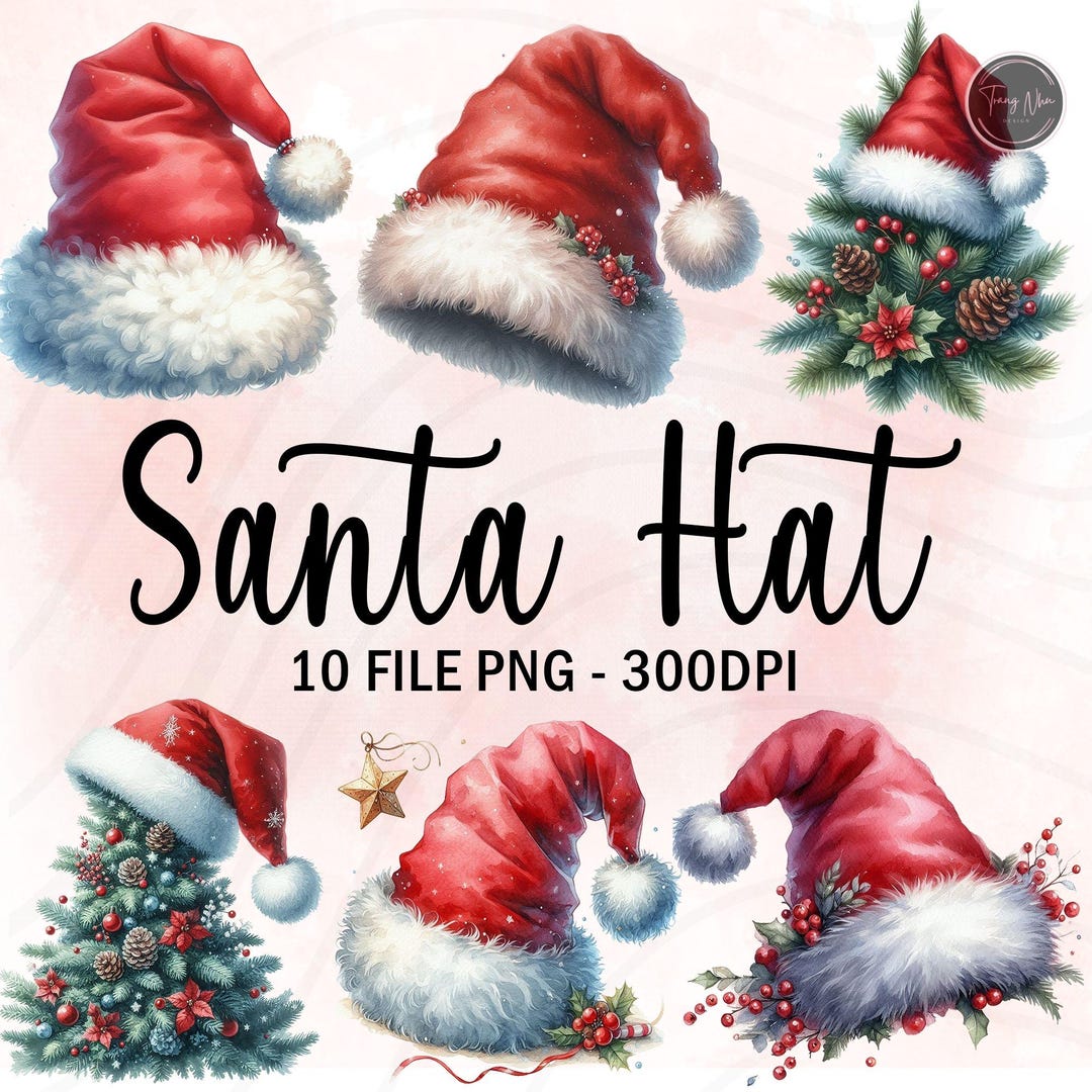 10 Watercolor Santa Hat Clipart Bundle, Christmas Decoration Png, Santa ...