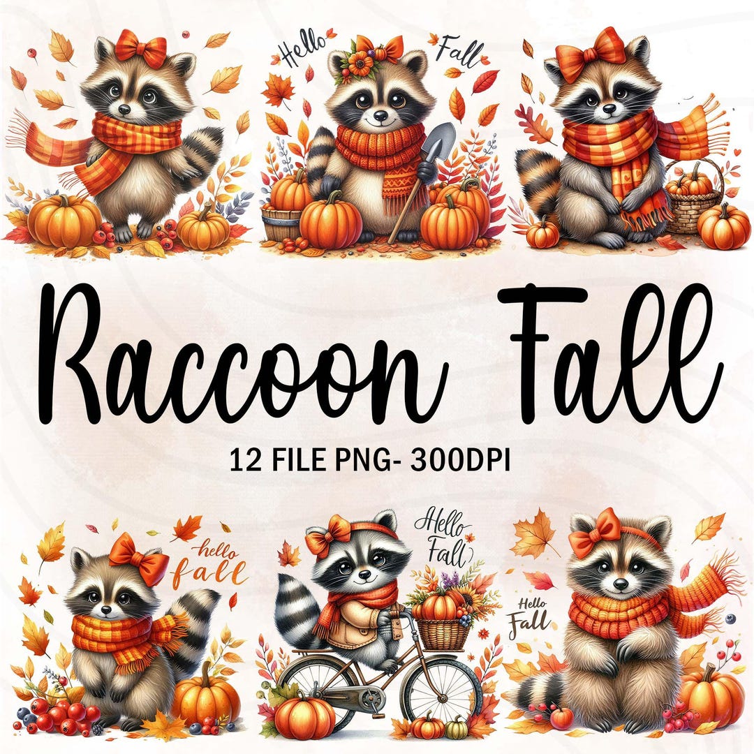 10 Watercolor Raccoon Fall Clipart, Autumn Raccoon Png, Pumpkin Spooky ...