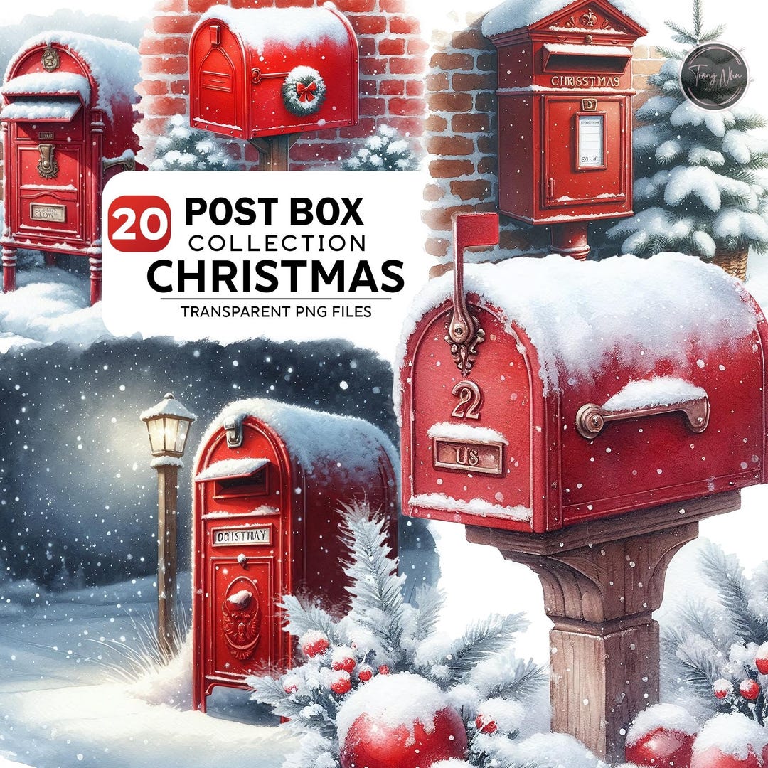20 Watercolor Snowy Post Box Clipart Bundle, Festive Christmas Mailbox ...