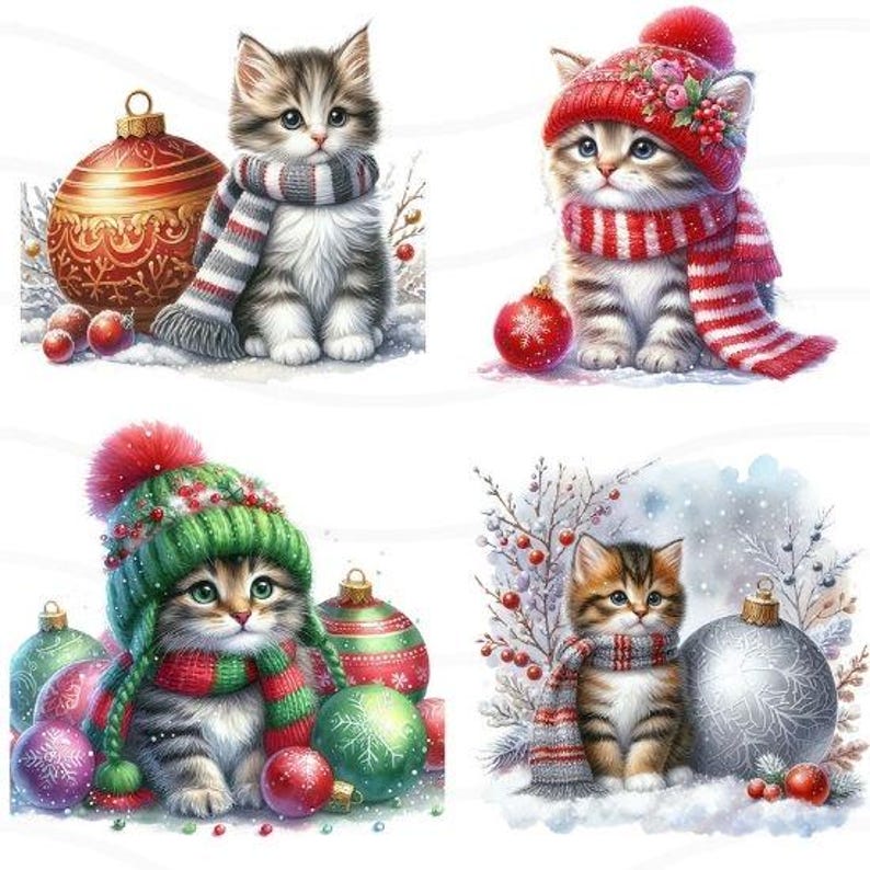 20 Watercolor Christmas Kittens Clipart Bundle, Christmas Animal Png ...