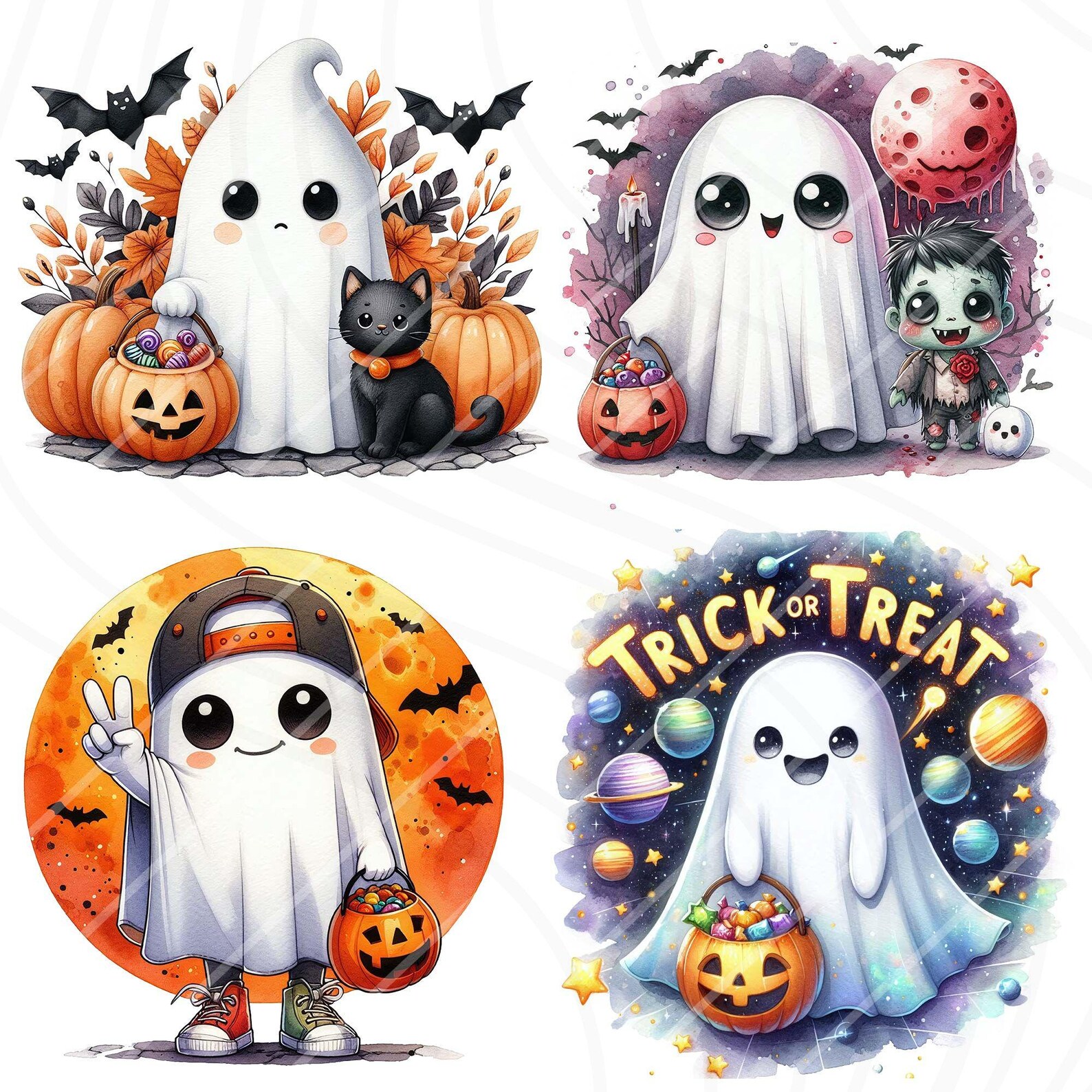 10 Trick or Treat Clipart Bundle, Watercolor Halloween Ghost PNG, Cute ...