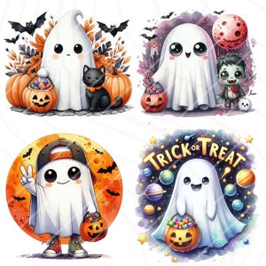 10 Trick or Treat Clipart Bundle, Watercolor Halloween Ghost PNG, Cute ...