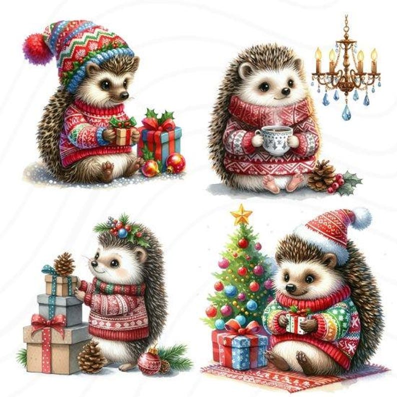 20 Watercolor Christmas Hedgehog Clipart Bundle, Baby Hedgehog Xmas Png ...