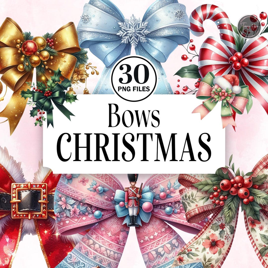 30 Watercolor Christmas Bows Clipart Bundle, Red Velvet Satin Bow Png ...